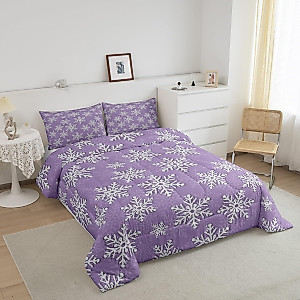 Feelyou Christmas Snowflake Comforter Set King Size Glitter Snowflake Bedding Set for Kids Boys Girls Bedroom Decor Purple Xmas Comforter Women Men Quilt Set with 2 Pillow Case