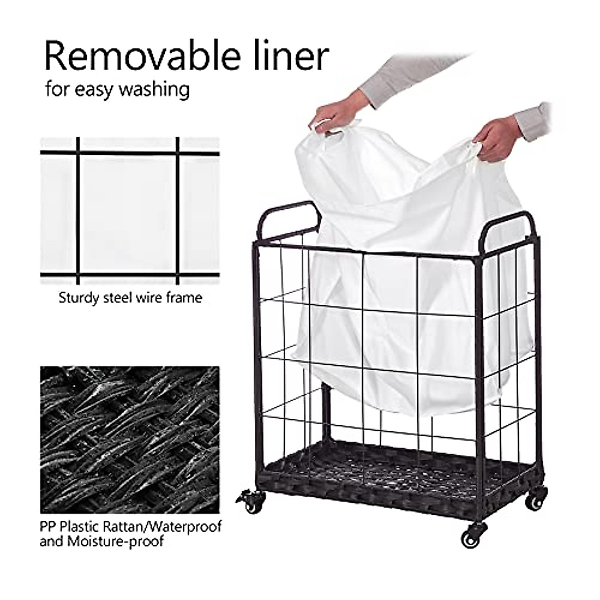Laundry Hamper with Divided Liner Bag; Collapsible Laundry Basket with Rolling Lockable Wheels; Clothes Hamper with Metal Handle; Laundry Sorter with Removable Liner Bag (White)