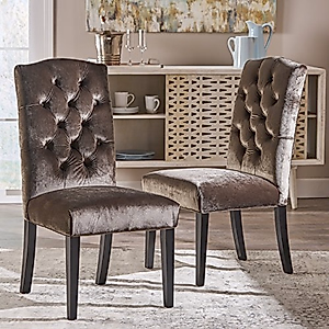 Christopher Knight Home Nickolai Traditional Crown Top Velvet Dining Chairs, 2-Pcs Set, Grey / Dark Brown