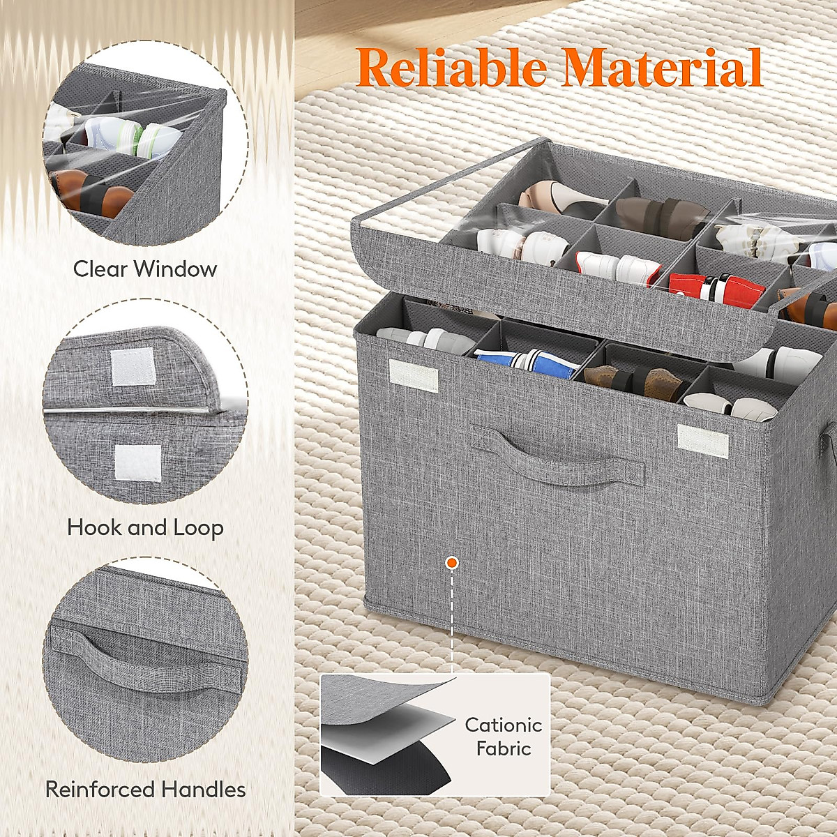 Lifewit Shoe Organizer for Closet, Adjustable Dividers Shoe Storage Fits 16 Pairs, Clear Cover Shoe Box Fits for Boots Heels Sneakers, Foldable Storage Bins with Bottom Support, Light Gray, 2 Pack