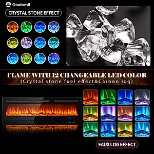 oneinmil Electric Fireplace, 60 inch Wide Recessed and Wall Mounted Electric Fireplace, 750W/1500W, 12 Color Flame, Remote Control, Log Set & Crystal