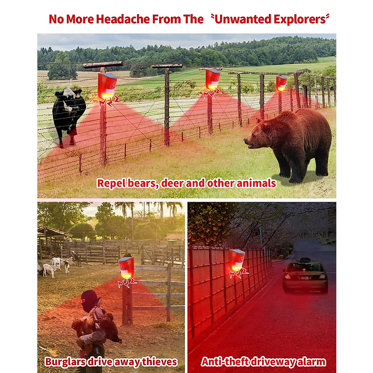 ChunHee Solar Sound & Light Alarm Outdoor Motion Sensor 129db Siren Sound Alert & 6LEDs Flash Warning Security Alarm System for Villa, Farm, Chicken Coop,Yard, Garden