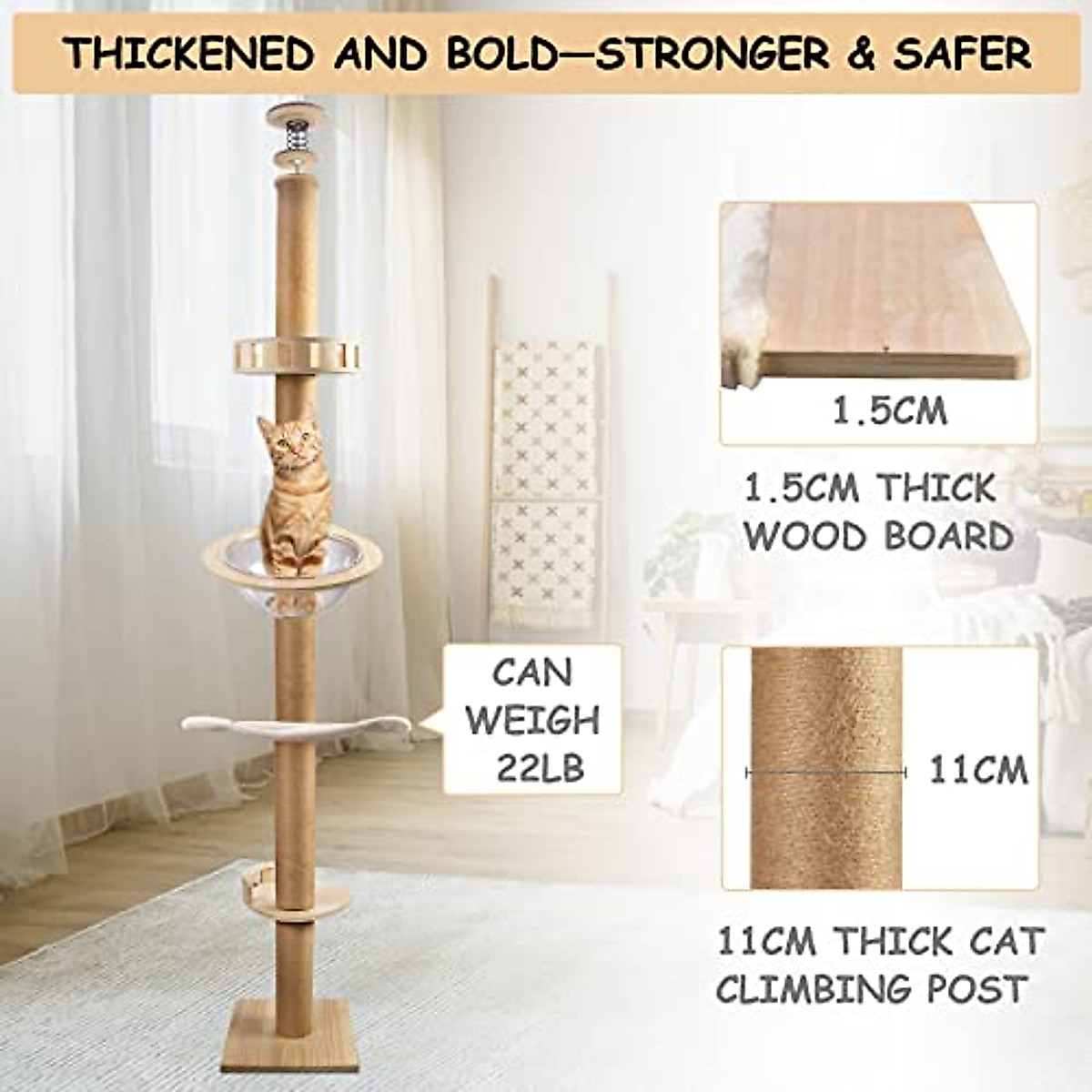 HOPERAN Floor-to-Ceiling Cat Tree (Adjustable Height: 100.3" - 106.3") 4-Layer Cat Climbing Tower with Hammock, Fence Springboard, Space Capsule, Fence Lookout, Natural Sisal Rope Scratching Posts
