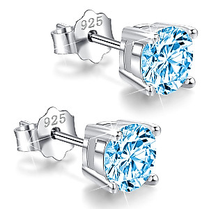 925 Sterling Silver Round-Cut Blue Cubic Zirconia Stud Earrings 3mm-8mm Options, Simulated Diamond CZ Studs Hypoallergenic Jewelry (3mm)