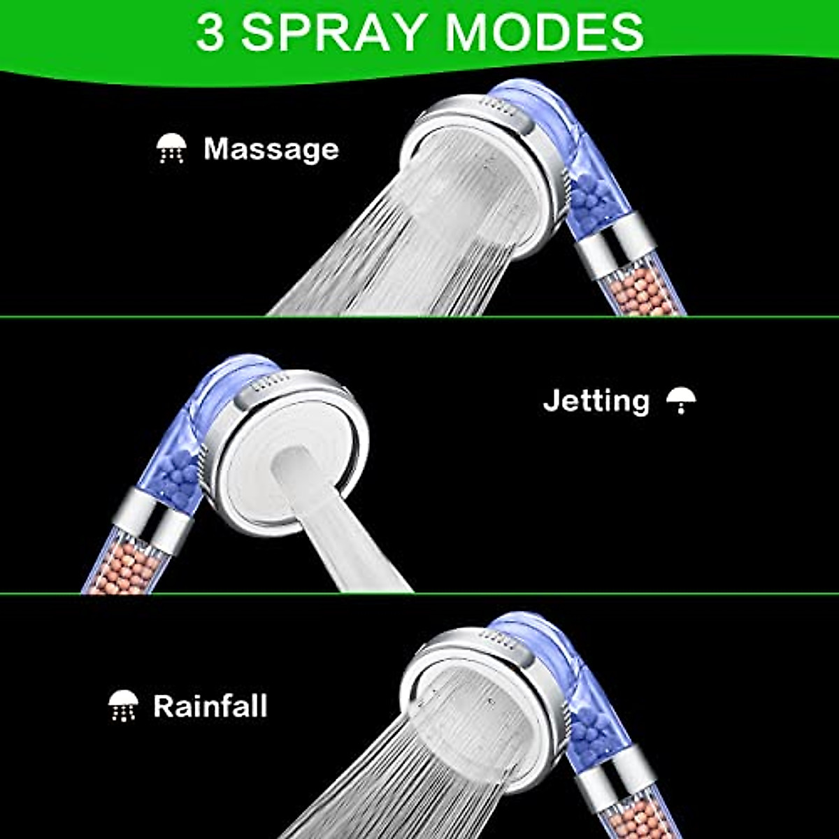 Filtered Shower Head with Handheld,3 Spray Modes High Pressure Water Saving Soft SPA Shower Heads with 59'' Stainless Steel Hose and Rotatable Bracket,Showerhead with Filter Beads for Hard Water