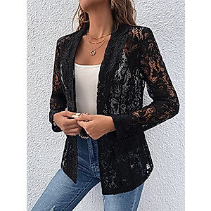 WDIRARA Women's Lace Open Front Long Sleeve Sheer Elegant Casual Blazer Jacket Black S