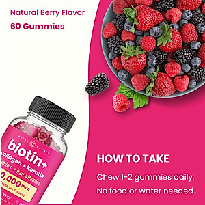 NutraChamps Hair Skin & Nails Gummies | Biotin with Collagen & Keratin | 5000mcg Biotin Beauty Complex | Vitamin Supplement for Women & Men | Berry | Healthy Hair, Radiant Skin & Strong Nails