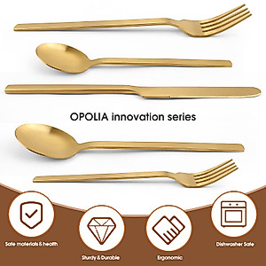 Matte Gold Silverware Set，OPOLIA 30-Piece Stainless Steel Flatware Cutlery Set for 6，Stain Finish Tableware Eating Utensils, Food Grade, Dishwasher Safe