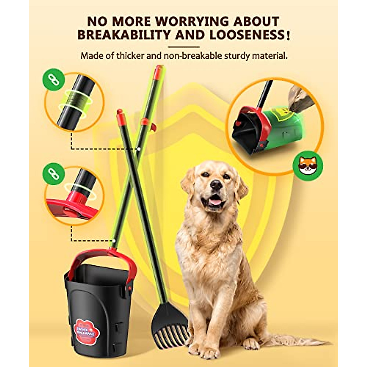 PETNOZ LIFE Large Swivel Bin & Rake Pooper Scooper with 40 Waste Bags, 36" Long Handle & 4 Bag Hooks Adjustable Dog Pooper Scooper for Large Dogs and Pets, Portable Non-Breakable Dog Poop Scooper