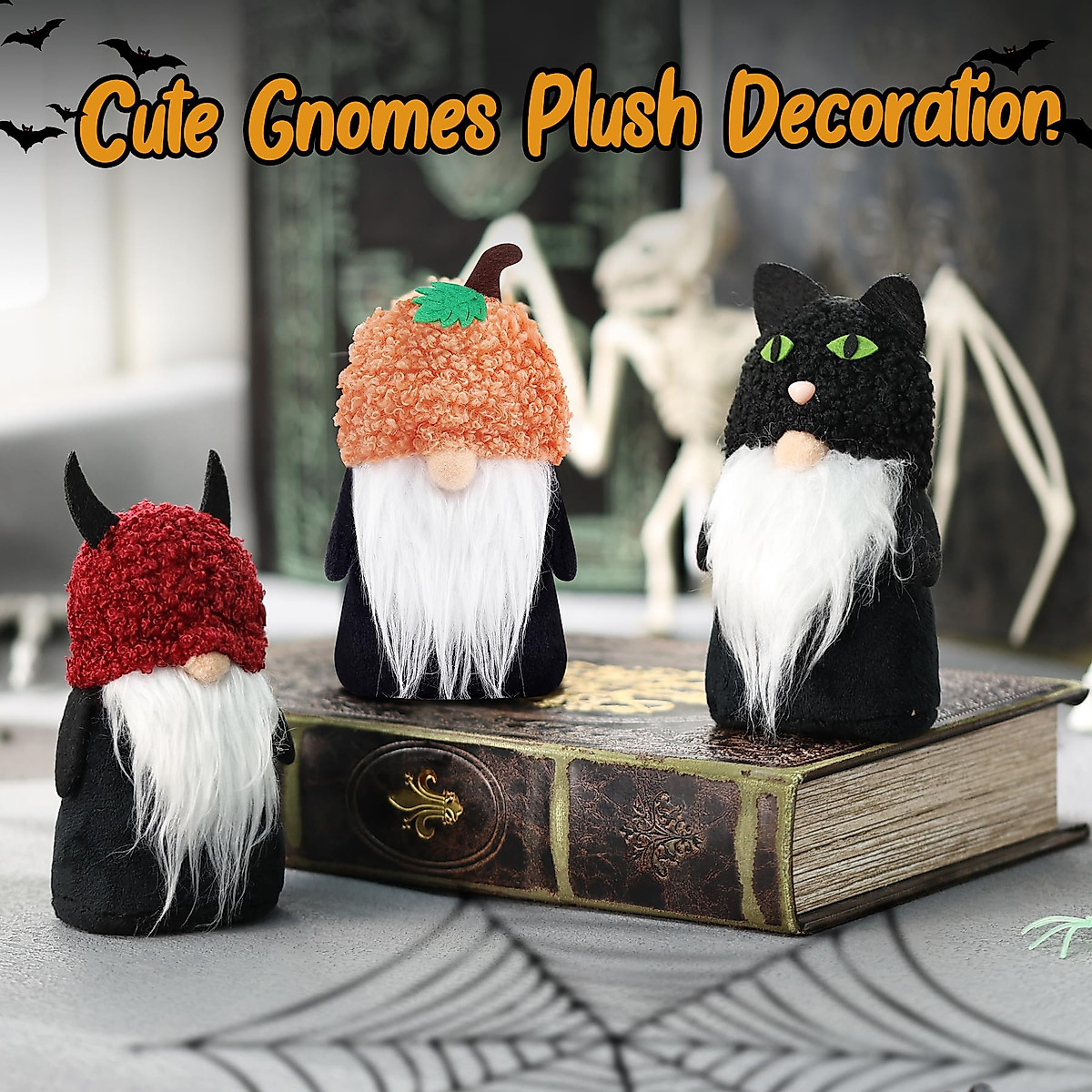 Kyhvoux Black Cat Gnomes Plush Decoration, 3 PCS Handmade Cute Elf Dolls Gift for Women Swedish Tomte Faceless Dwarf Winter Home Indoor Decor for Table Centerpieces Ornament Tiered Tray