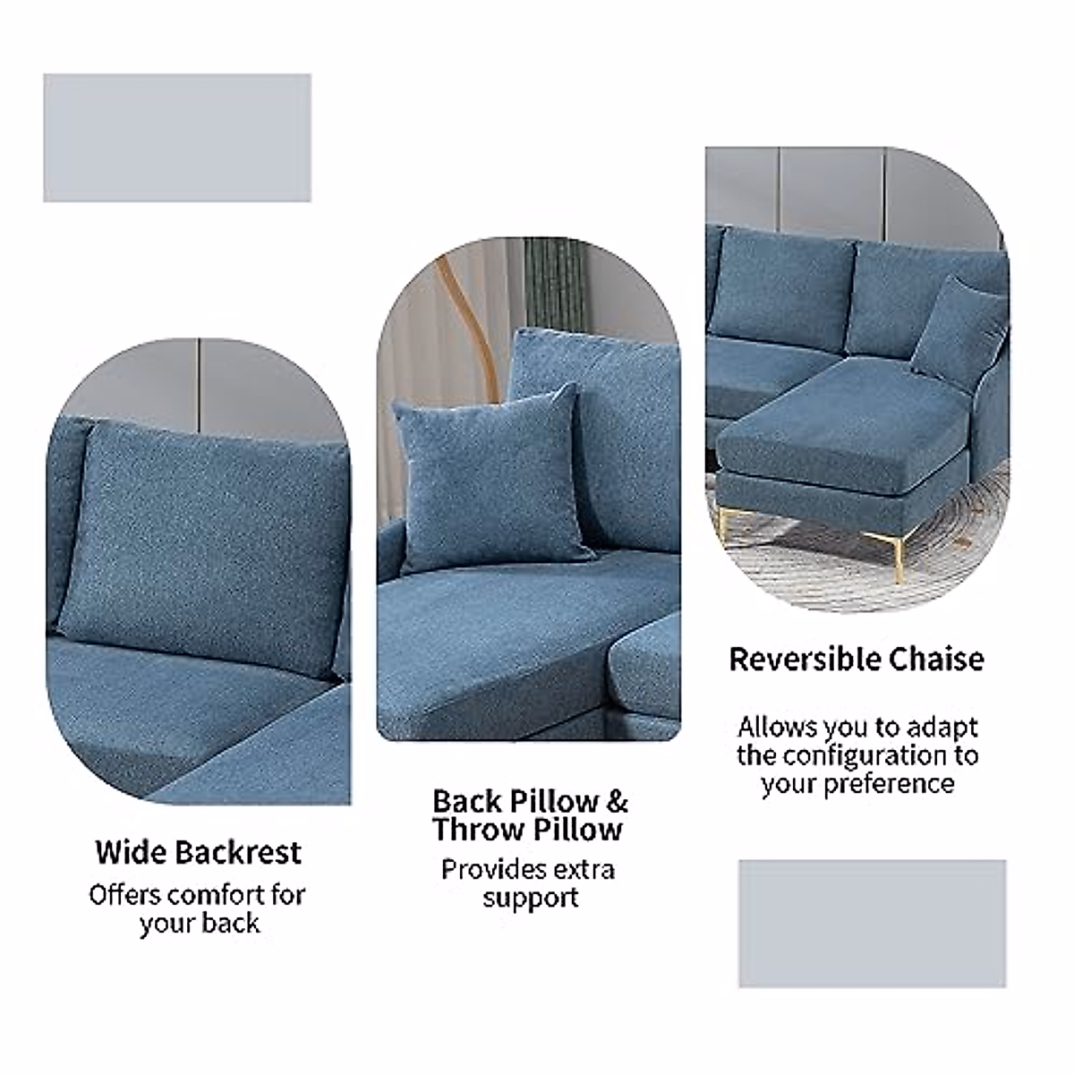 Sudwesto Reversible Sectional Sofa, U-Shape Convertible Sofa Couch, 4-Seat Upholstered Couch with Chaise, Furniture Sets Sectional Couch with Ottoman for Living Room, Apartment, Office (Blue)