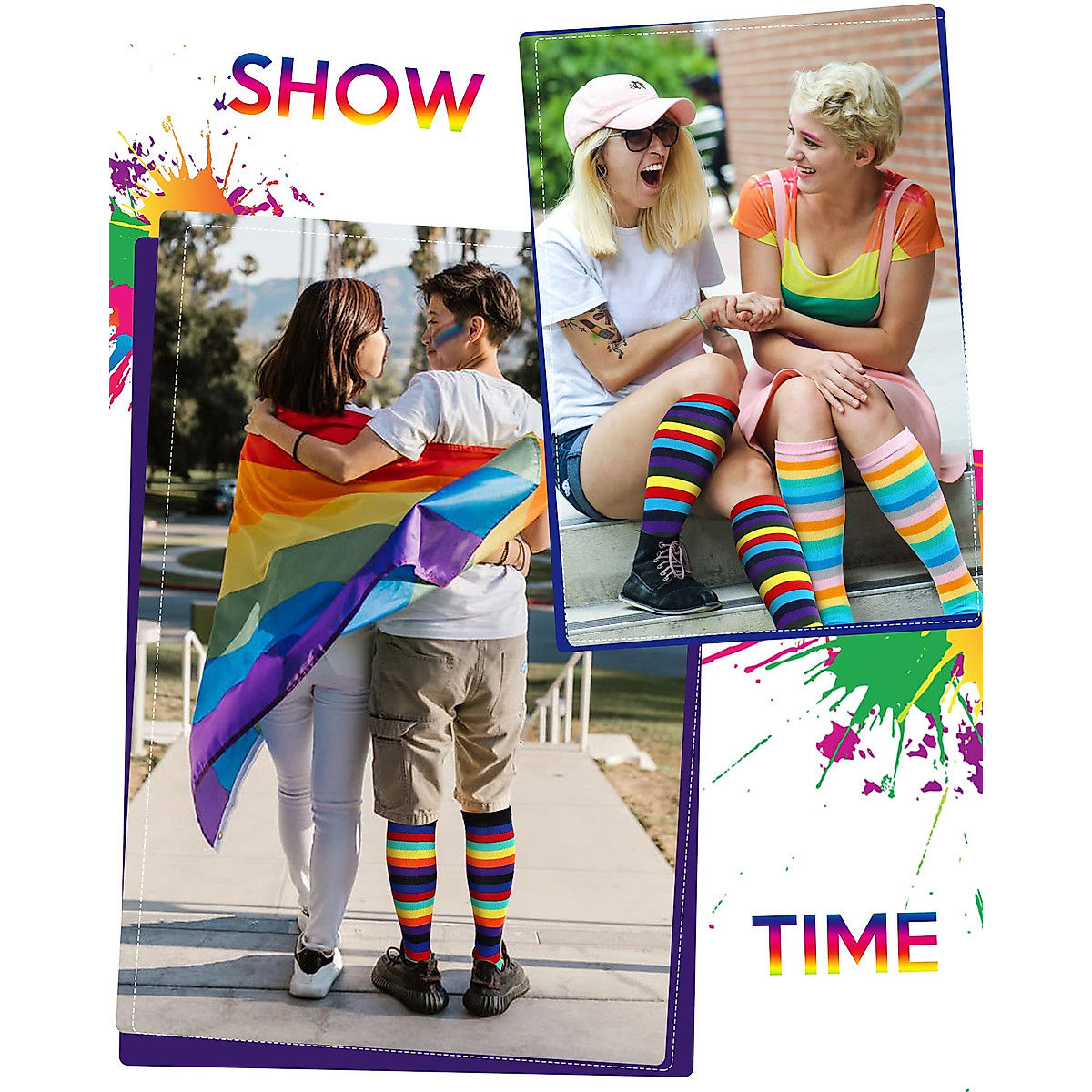 Zhanmai Rainbow Thigh High 5 Toe Socks, 4 Pairs, Cotton, Breathable, Women's, One Size, Striped, Leg Warmers, Fun, Party, Casual