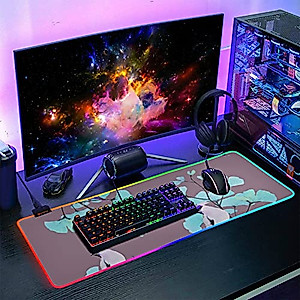 Large RGB Gaming Mouse Pad Ginkgo Leaves Birds Pattern Glowing Extended Mousepad 31.5x11.8in, Soft Anti-Slip Rubber Base Luminous Mouse Mat for Pc Laptop, Gaming, Office, Home