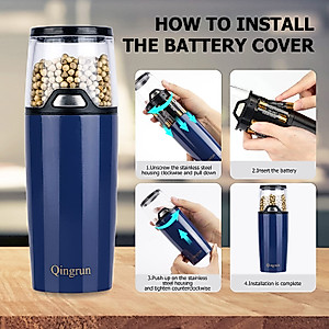 Qingrun electric salt or pepper grinder is provided with button control for grinding,battery-powered pepper mill,one-hand operation and white light.Adjustable roughness pepper grinder.Blue