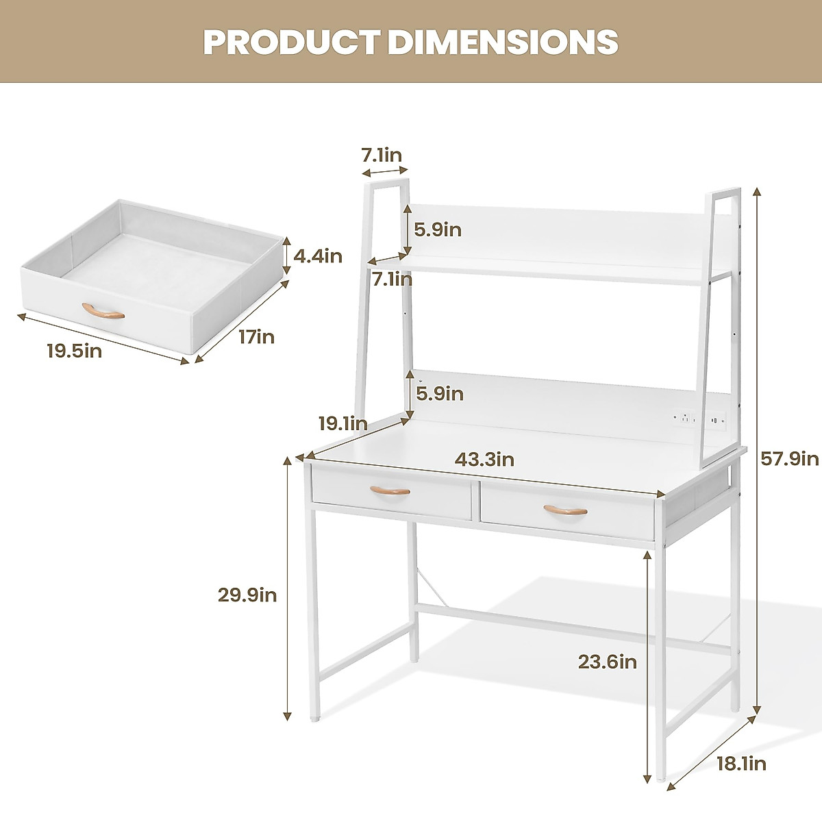 JOINHOM Home Office Desk with Drawers - Small Desks with Hutch & Book Shelves, Study Table for Small Spaces, Computer Desk with Power Outlet and USB Charging Ports, White