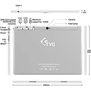 Deca core 10.1" Inch TYD Tablet Google Android 10, 4G LTE Dual SIM, 4GB RAM 64GB Storage, 1920 1200 Full HD IPS Touchscreen,Dual Camera, WiFi/WLAN/Bluetooth/GPS TYD-109 (64GB, Silver)
