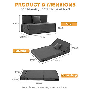 Fjdesklu Folding Couch Sofa Bed - Comfortable Sleeper Chair with Stable Back Support, Pocket and Throw Pillow, Durable Fabric & Portable Design for Napping, Yoga, Reading, and Relaxation - Grey