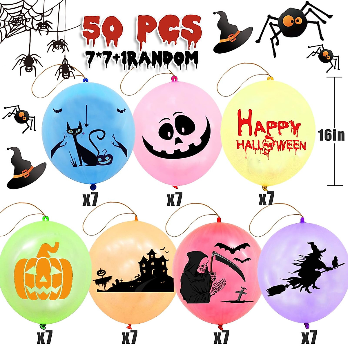 yuzshin 50PCS Halloween Punch Balloons for Kids,Halloween Party Game Favors, Halloween Giveaways, Trick or Treat Toys, Halloween Games, Kids Halloween Goodies