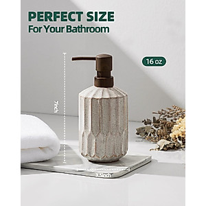 Fun Elements Bathroom Soap Dispenser, 16 Oz Luxurious Hand soap Dispenser for Bathroom, Ceramic Liquid Soap Dispenser for Bathroom Countertop with Plastic Pump, Silicone Funnel (Wooden Color Pump)