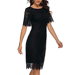 MEROKEETY Women's Short Sleeve Lace Floral Cocktail Dress Crew Neck Knee Length for Party, ShortBlack, Medium