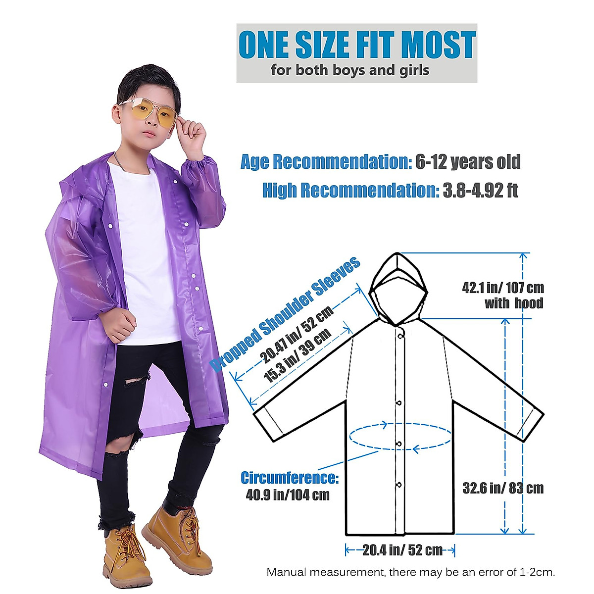 Makonus Kids Rain Jacket, 2 Pack Rain Ponchos for Kids with Hood and Sleeves Reusable Raincoats for Boys and Girls