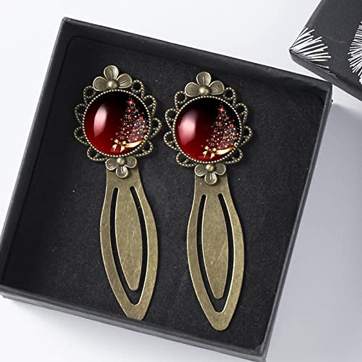 Red Christmas Tree Star Vintage Bookmark Gift Box Set for Students Teachers School Library Page Holder with Crystal Glass