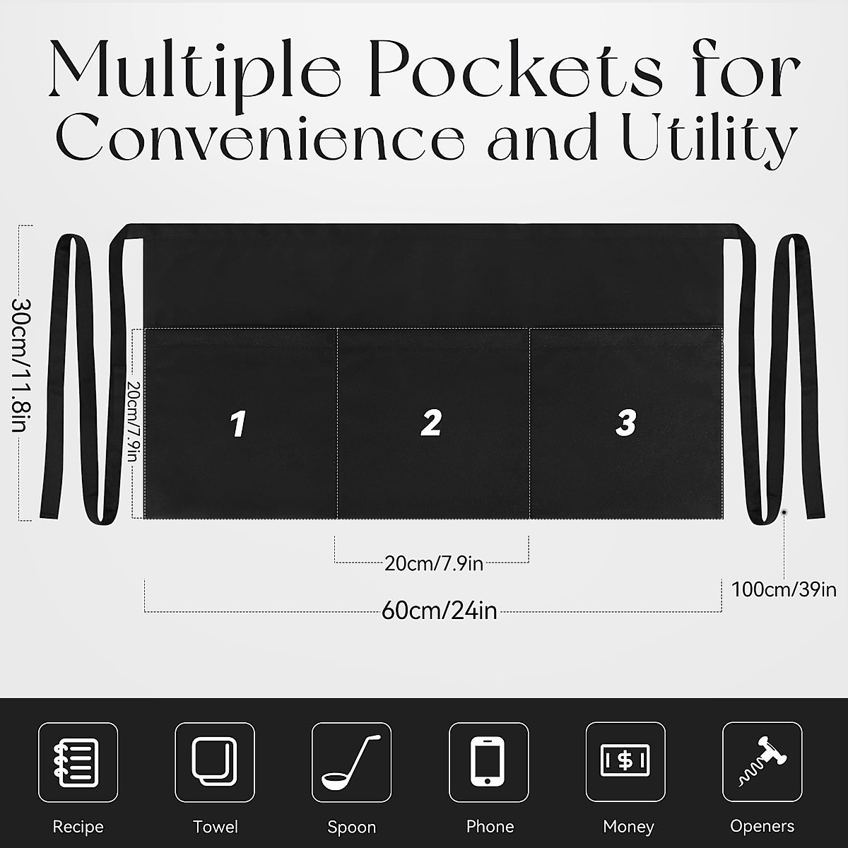 NLUS 3 Pack Server Aprons with 3 Pockets, Water Oil Stain Resistant Waitress Waiter Apron Black Waist Aprons Bistro Apron for Women Men, 24 X 12 inch