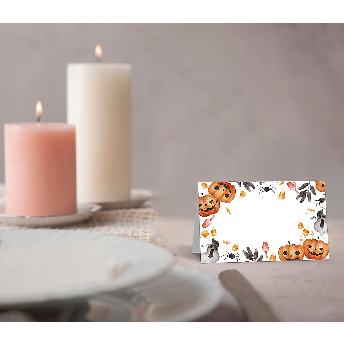 Halloween Table Place Cards, Blank Seating Place Card for Table, 25 Pack Buffet Food Tent Labels, Double Design Name Cards, Scored for Easy Folding, Halloween/Thanksgiving Party Decorations(04)