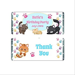 Cat Party Favors for Kids Birthday, Personalized Candy Wrappers for Chocolate, Pack of 20 Custom Hershey Bar Labels