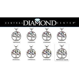 Central Diamond Center Tree of Life Mothers Birthstone Necklace w/ 1-12 Simulated Birthstones- Platinum Plated Silver