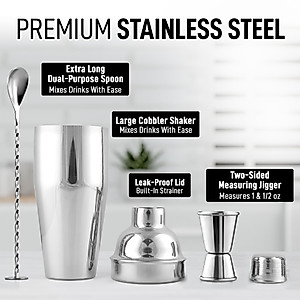 Zulay Kitchen Large 24 oz Stainless Steel Cocktail Shaker Set - Mixed Drink Shaker - Martini Shaker Set with Built in Strainer, Double Sided Jigger & Combo Muddler Mixing Spoon - Pro Margarita Shaker