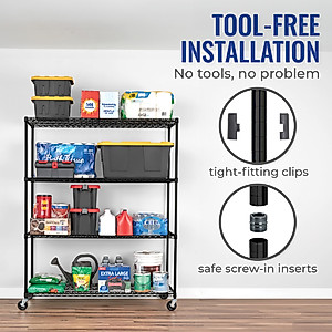 SafeRacks - NSF Certified Storage Shelves, Zinc, Heavy Duty Steel Wire Unit with Wheels and Adjustable Feet, Garage or Bakers Rack, Kitchen, Pantry Shelf - (24"x60"x72" 4-Tier) (Black)