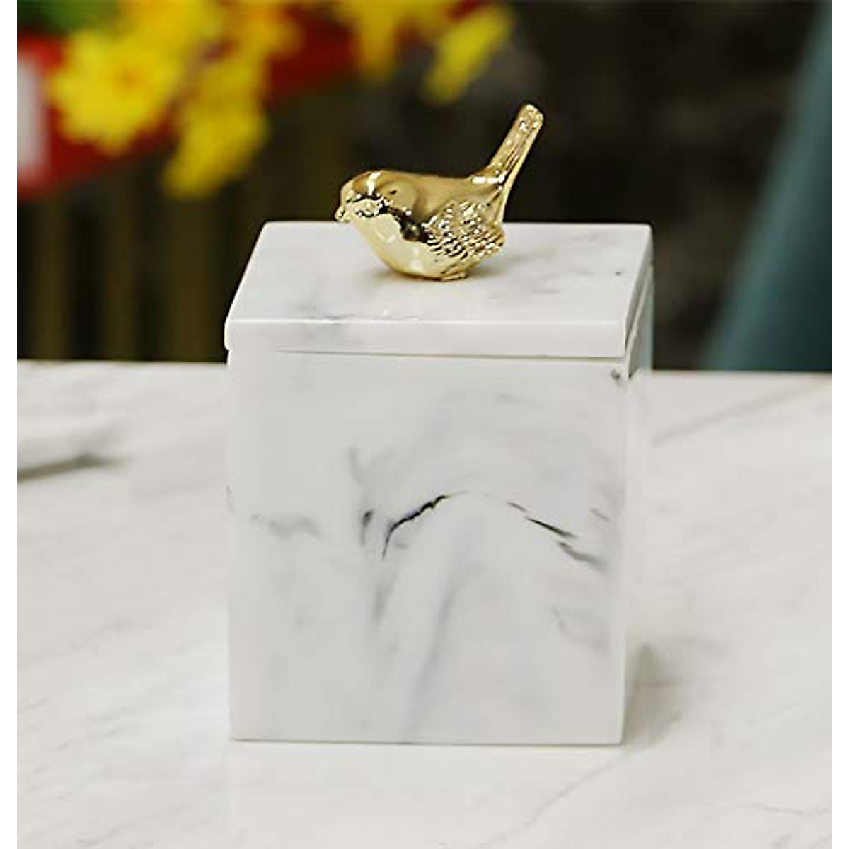 SELLONWANELO Cotton Ball Swab Holder Organizer with Lid Bathroom White Marble Qtip Dispenser Container Makeup Pads Canister