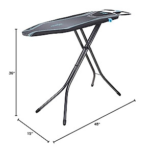 Minky Ergo Prozone Ironing Board | Made in UK | Dual Iron Rest, Heat Reflective Cover, Thick Felt Underlay - Freestanding Ironing Board with Large 48" x 15" Ironing Surface (Gunmetal and Blue)
