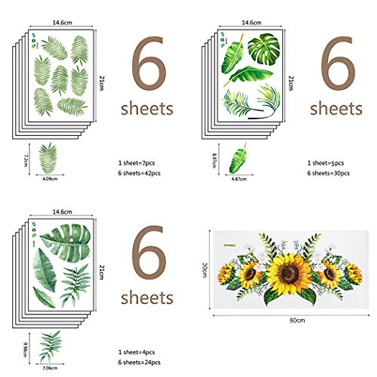 Dorakitten Leaf Wall Decals, Dorakitten Sunflower Wall Stickers DIY Tropical Palm Leaf Wall Art Decal Waterproof Leaf Stickers for Kitchen Bathroom Living Room