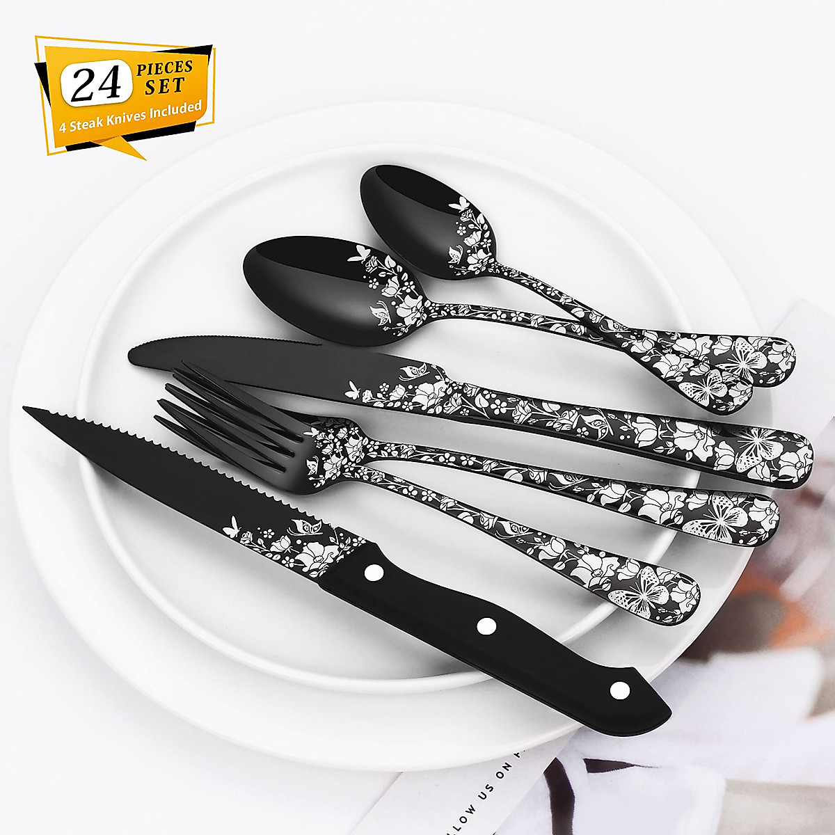 Stapava 24-Piece Black Silverware Set with Steak Knives for 4, Unique Stainless Steel Flatware Cutlery Set, Include Fork Spoon Knife Set, Mirror Polished, Dishwasher Safe Utensils