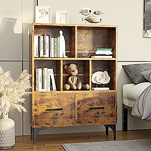 IRONCK Bookshelf, 3-Tier Cube Bookcase with 2 Drawer with Metal Legs, 9.4" D x 32" W x 43" H Office Bookshelves for Living Room, Office, Bedroom Easy Assembly