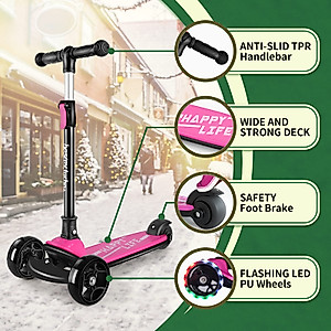 besrey Kick Scooter for Kids Ages 3-10, 3 Wheel Scooter for Kids with Adjustable Height, Folding Kids Scooter with LED Light Wheels Rear Brak Extra Wide Deck Outdoor Activities for Boys/Girls (Pink)