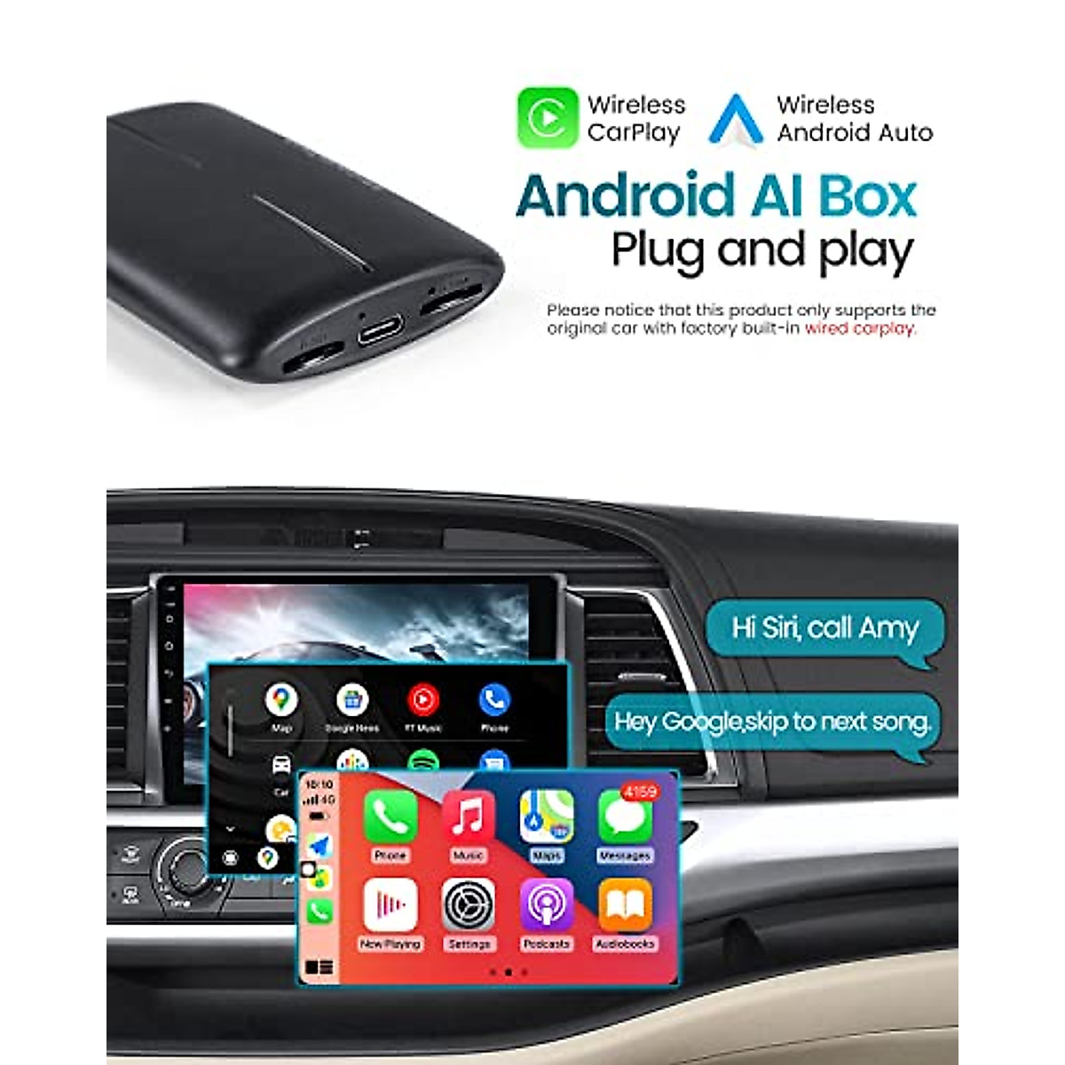 MekedeTech Wireless Carplay Adapter,Built-in HDMI Magic Box Carplay, 4+64G Android 10 Multimedia Video Box for OEM Wired CarPlay Cars Model Year After 2016 Support Netflix,Android Auto