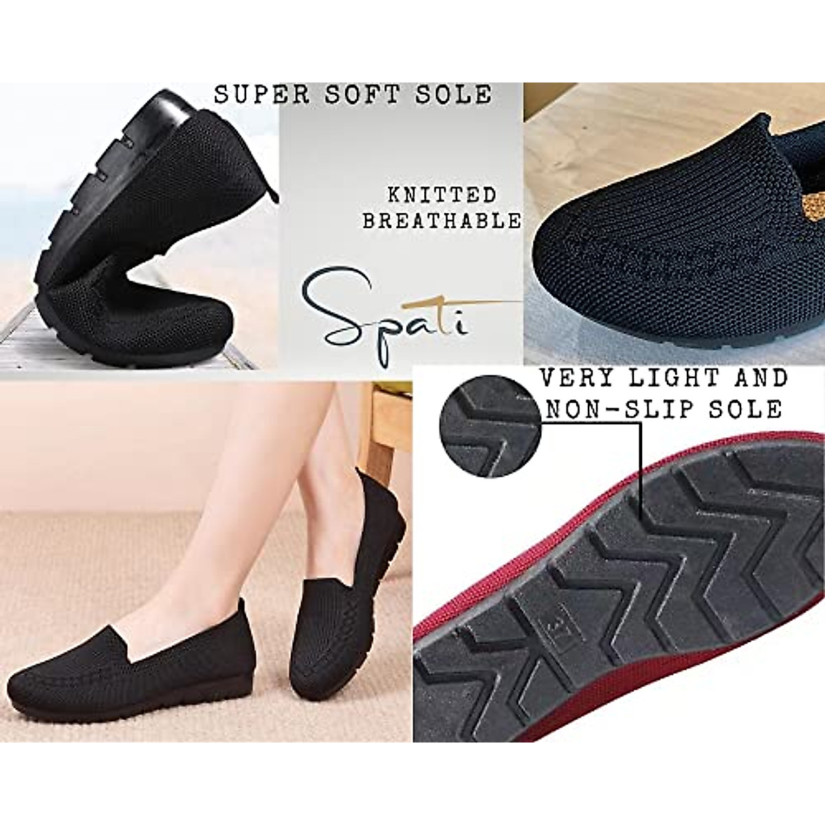 SPATI Women's Knitted Lightweight Comfortable Flat Shoes Loafers Slip On Casual Breathable Mesh Walking Round Toe (Black, Numeric_9)