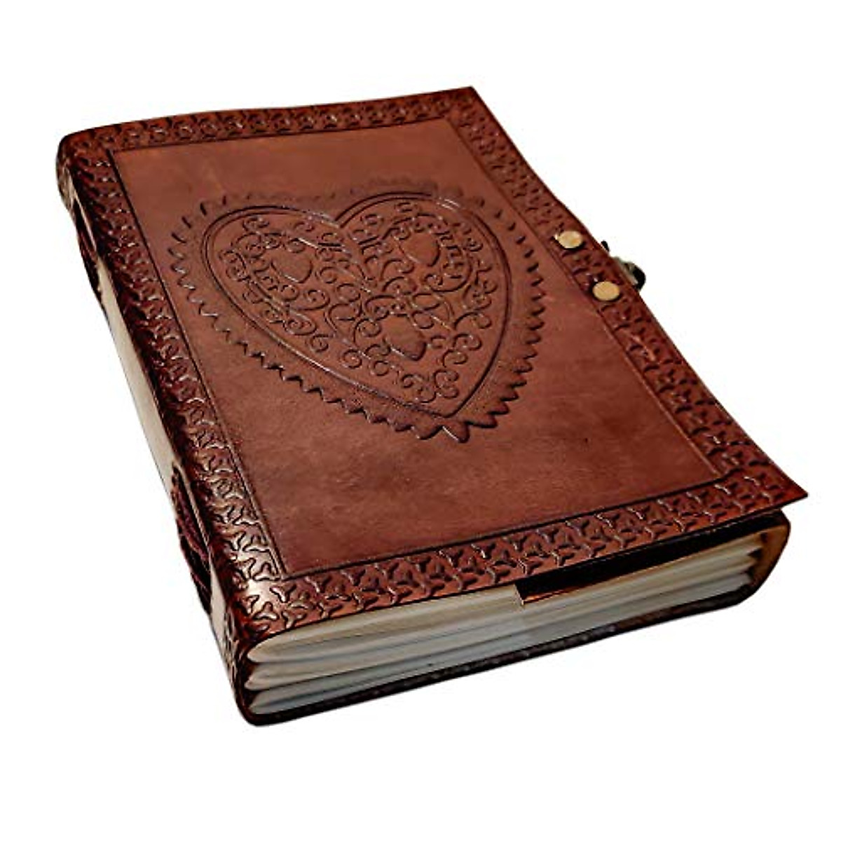 cuero Vintage Heart Embossed Leather Journal/Instagram Photo Album (Handmade Paper) - Coptic Bound with Lock Closure - Heart Journal (Brown)