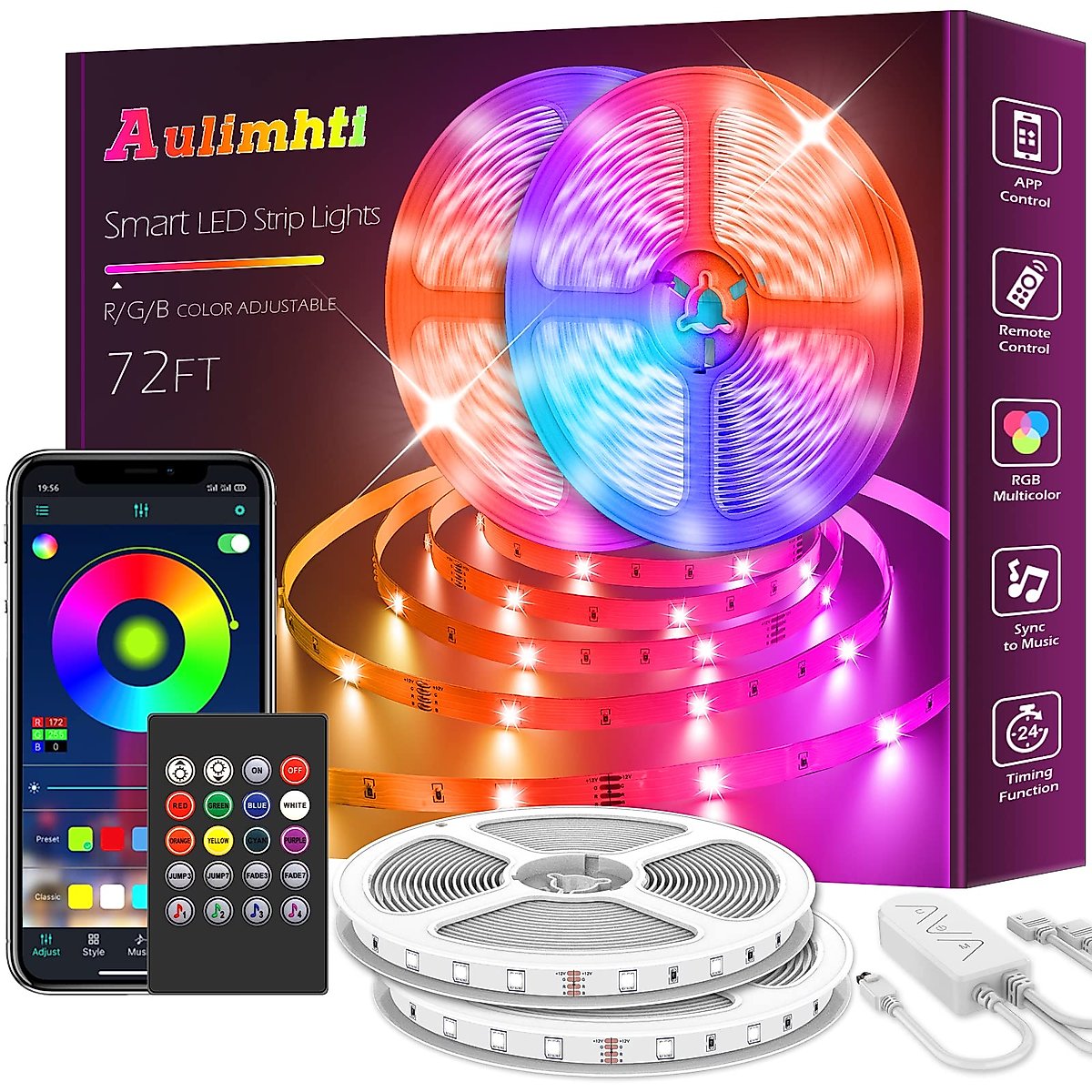 Aulimhti 100ft Led Strip Lights,Bluetooth APP Control Music Sync LED Lights for Bedroom,Led Lights with Remote,5050 RGB Color Changing Lights for Room Party (70FT)