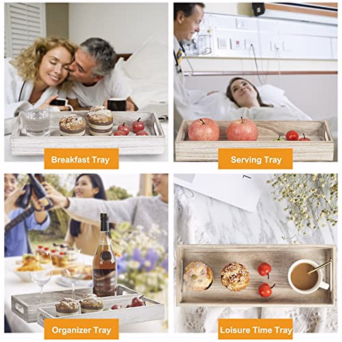 Set of 2 Farmhouse Serving Tray Coffee Table Tray Rectangle,Wooden Long Narrow Tray for Perfume Cosmetic Bottles Jewelry Jar Candle,Decorative Tray 15.6 * 6.1 * 2 inch