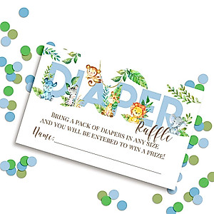 Watercolor Jungle Animals Diaper Raffle Tickets for Boy Baby Showers, 20 2" X 3” Double Sided Insert Cards for Games by AmandaCreation, Bring a Pack of Diapers to Win Favors & Prizes!