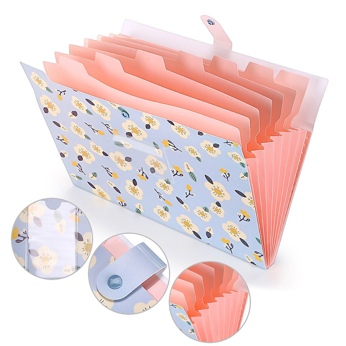 BTSKY Expanding File Folder- Floral A4 and Letter Size Archival File Holder Organizer, 8 Pockets (Blue)