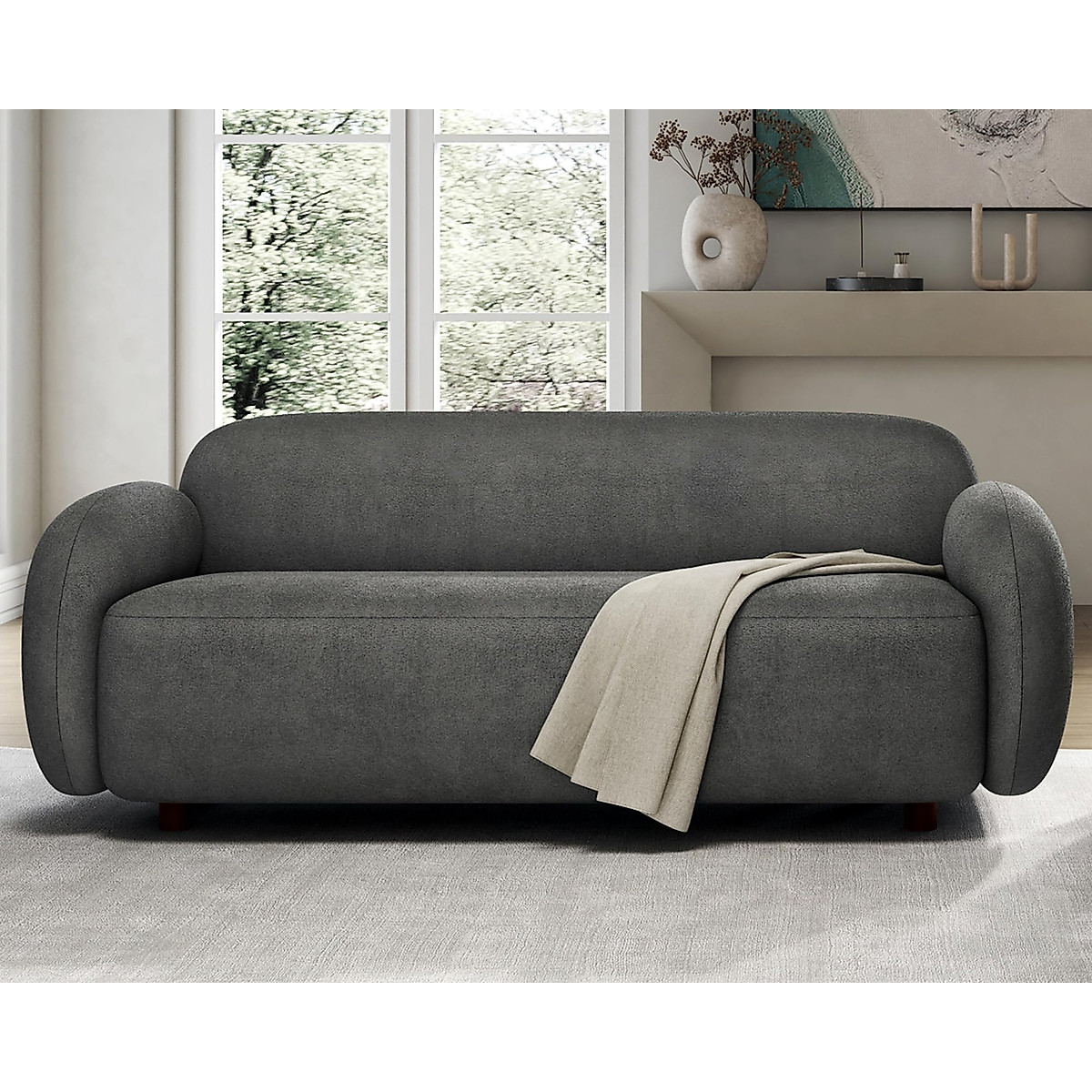 PaPaJet 3 Seater Sofa, Modern Couch with Soft Boucle Upholstered, Comfy Cloud Sofa Couch for Living Room Home Office Sherpa Grey Curved Couch