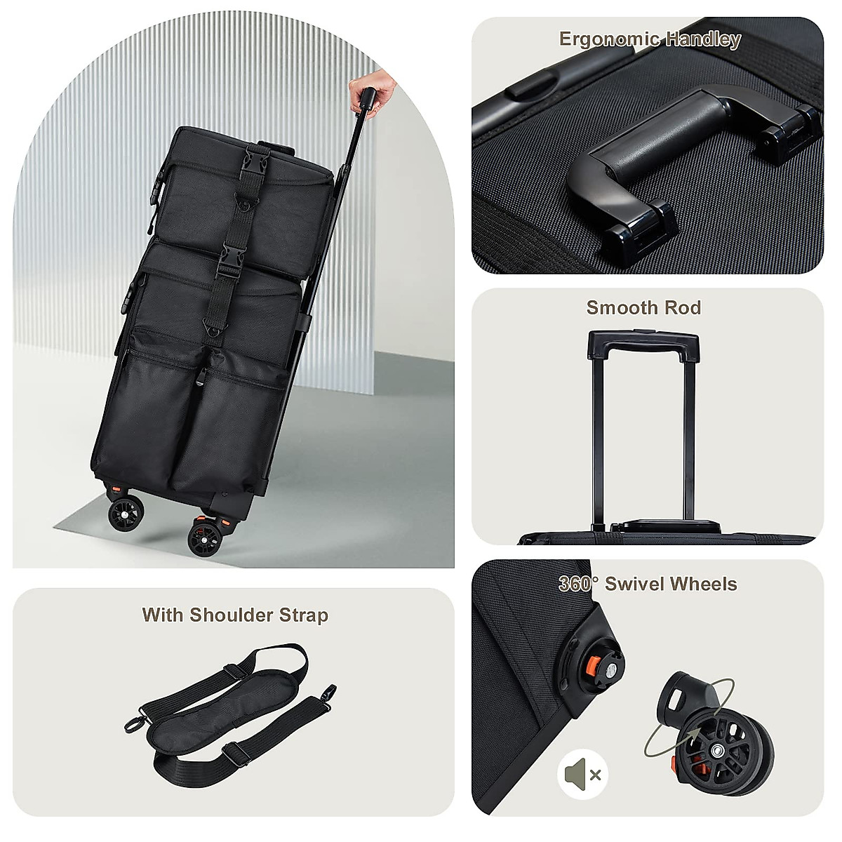 Costravio Professional Makeup Case, 2in1 Travel Makeup Rolling Case Soft Sided Cosmetology Train Case with Wheels Makeup Artist Cosmetic Organize for Make-up, Nail Art, Beauty, Hairstylist, Black