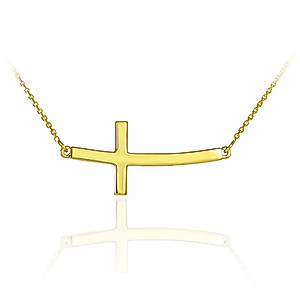 14K Yellow Gold Curved Pendant Sideways Cross Necklace with 20" Rolo Chain