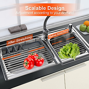 BUILOG Roll Up Dish Sink Drying Rack Extra Large Expandable to 22.9'',Stainless Steel Over Rolling up Mat Dish Drying Rack with 2 Storage Basket Holders for Kitchen Dishes Fruits
