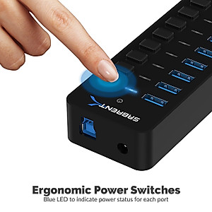 10 Port 60W USB 3.0 Hub with Individual Power Switches and LEDs Includes 60W 12V/5A Power Adapter+Mini Travel USB Optical Mouse with Retractable Cable for Computers and laptops | Mac & PC Compatible